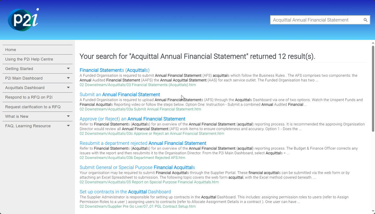 Using the P2i Help Centre